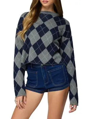 EDIKTED Argyle Crop Cotton Sweater - Dark-gray-melange