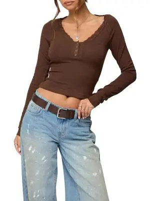 EDIKTED Lace Trim Henley - Brown