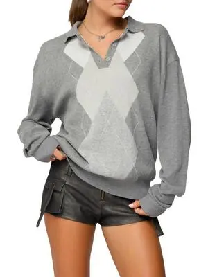 EDIKTED Argyle Oversize Cotton Polo Sweater - Gray-melange