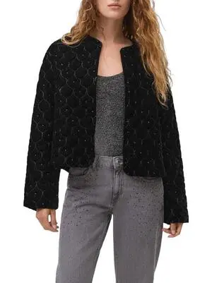 Mango Beaded Velvet Cropped Jacket - Black