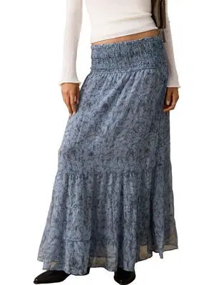 Mango Printed Maxi Skirt With Smocked Waistband - Sky Blue