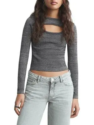 Mango Cutout Metallic Long-sleeve Crop Top - Silver