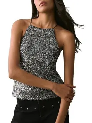 Mango Sequin Sleeveless Top - Silver