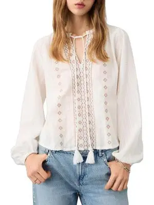 Mango Embroidered Cotton Seersucker Top - Off White