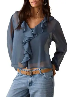 Mango Sheer Ruffle Button-up Shirt - Sky Blue