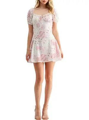 ALL IN FAVOR Patchwork Embroidered Mini Dress - Ivory Red Print