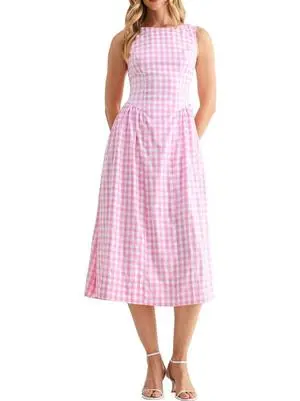 ALL IN FAVOR Gingham Fit & Flare Midi Dress - Pink Gingham