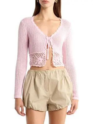 ALL IN FAVOR Crochet Detail Tie-front Sweater - Light Pink