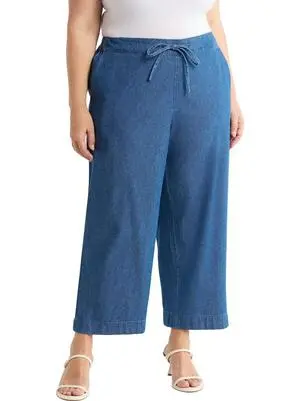 Jones New York Pull-on Drawstring Chambray Crop Wide Leg Pants - Libra Wash