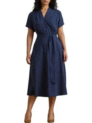 Ralph Lauren Micro Dot Crêpe De Chine Midi Shirtdress - Navy Blue/white