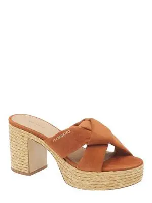 FERRAGAMO Douglas Platform Slide Sandal - Tan Suede