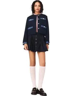 Maje Cropped Tweed Jacket With Denim Trim - Navy