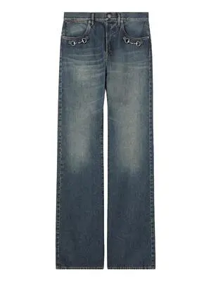 Gucci Cotton Denim Flare Pants With Horsebit Detail - Blue