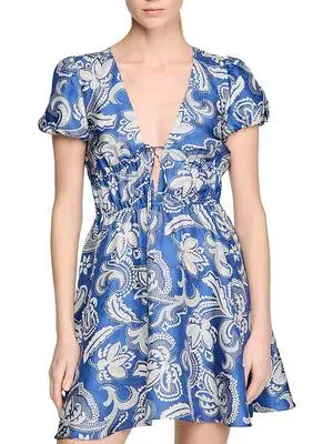 Sandro Floral Print Short Dress - Blue / Ecru