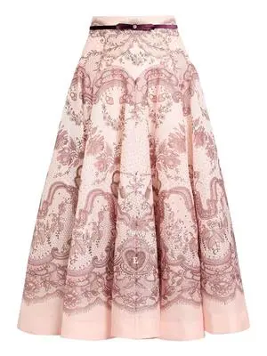 Zimmermann Belted Printed Linen And Silk-blend Gauze Midi Skirt - Pastel Pink