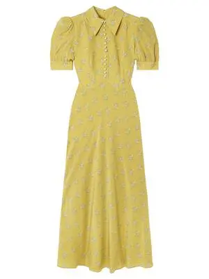 Alessandra Rich Embellished Floral Silk Crepe De Chine Midi Dress - Yellow