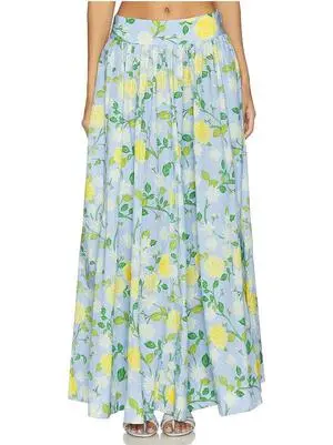Verandah Paneled Maxi Skirt - Ice Blue  Yellow Rose & Mogra