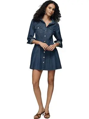 EXQUISE Long-sleeve Waisted Mini Shirt Dress - Denim
