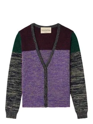 Valentino Garavani Color-block Metallic Ribbed Wool-blend Cardigan - Purple