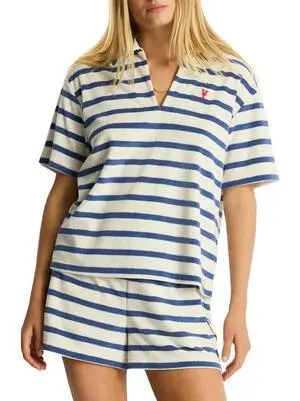 SEA LEVEL Ahoy Stripe Cotton Blend French Terry Cover-up Polo Shirt - Denim Blue