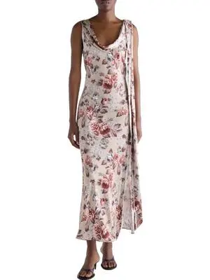 Acne Studios Floral Print Draped Cowl Neck Midi Dress - Multi Beige