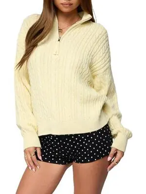 EDIKTED Cable Stitch Quarter Zip Cotton Sweater - Light-yellow