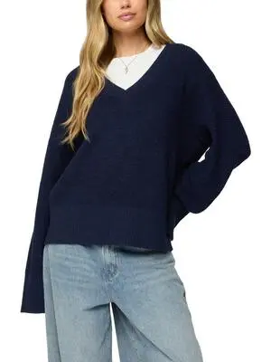EDIKTED Oversized V-neck Waffle Knit Sweater - Navy
