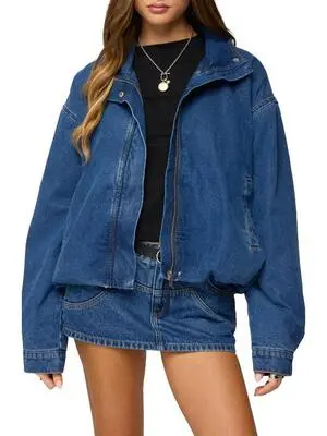 EDIKTED Oversized Denim Jacket With Bubble Hem - Blue-washed