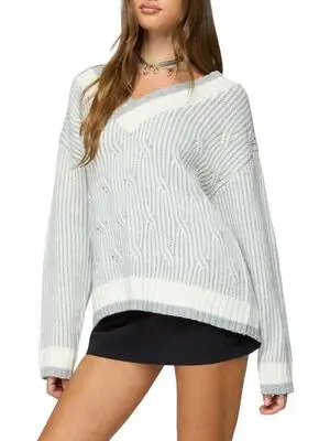 EDIKTED Oversized Striped Trim Cable Knit Sweater - Gray-melange