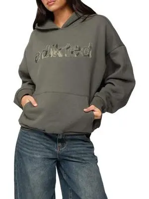 EDIKTED Oversized Hoodie With Camo Lettering - Olive