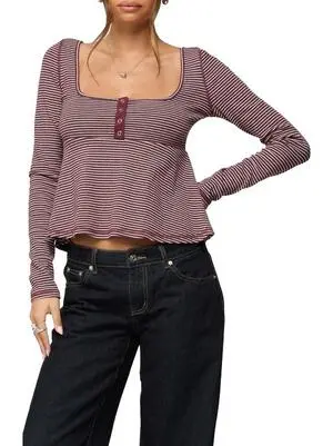 EDIKTED Striped Henley Top - Burgundy