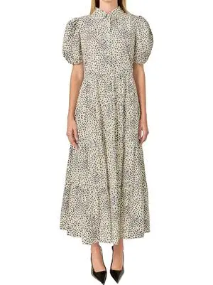 English Factory Printed Puff Sleeve Maxi Shirt Dress - Beige/black