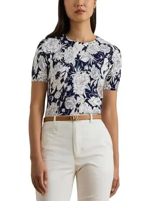 Ralph Lauren Floral Print Short Sleeve Sweater - White/navy Blue