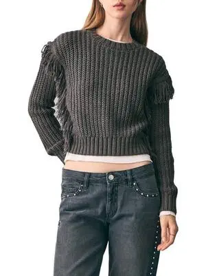 Mango Fringe Trim Ribbed Sweater - Charcoal