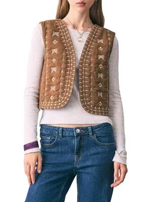 Mango Embroidered Quilted Cotton Vest - Medium Brown