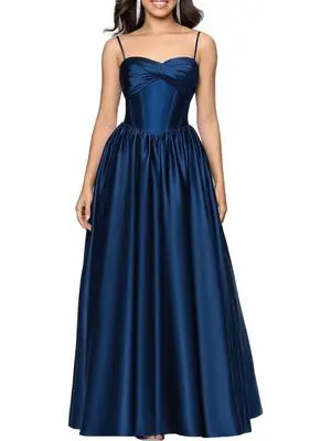 BLONDIE NITES Basque Waist Satin Gown - Cadet Blue
