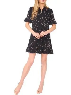CECE DUPRAZ Floral Ruffle Sleeve Mini Dress - Rich Black