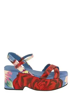 FERRAGAMO Floral Print Platform Sandals - Blue