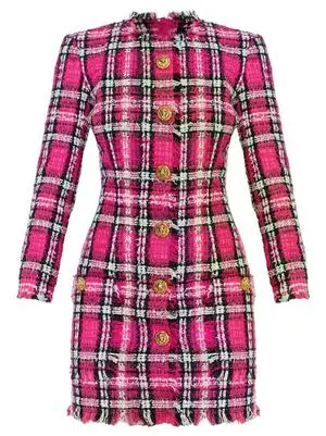 Balmain Plaid Frayed Button Dress - Pink