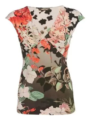 Roberto Cavalli Floral-print V-neck Top - Black