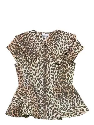 GANNI Ruffled Leopard-print Top - Brown