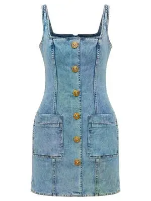 Balmain Button-embellished Denim Mini Dress - Blue