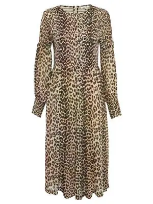 GANNI Animal-print Long-sleeve Midi Dress - Brown