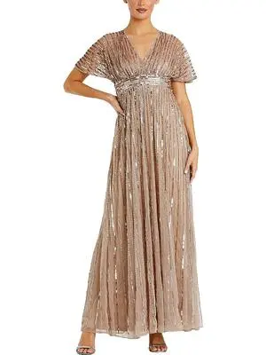 Mac Duggal Embellished Mesh V-neck Short Sleeve Gown - Taupe