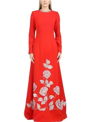 DINA MELWANI Floral Embroidered Column Maxi Dress - Red