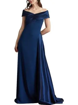 Tadashi Shoji Elysian Draped Overlay Train Gown - Navy