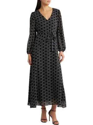 Halogen Abstract Print Long Sleeve Dress With Sash - Rich Black
