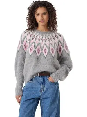 HUSH Brushed Fair Isle Mohair Blend Sweater - Light Grey Marl