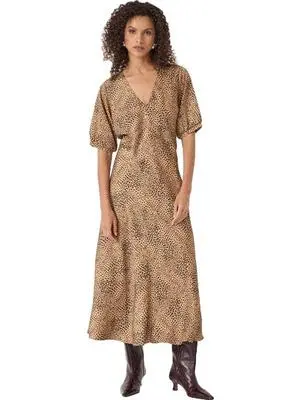 HUSH Grace V-neck Puff Sleeve Satin Dress - Deer Brown