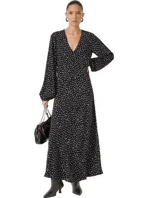 HUSH Grace V-neck Long Sleeve Crepe Maxi Dress - Tiny Polka Dot Black